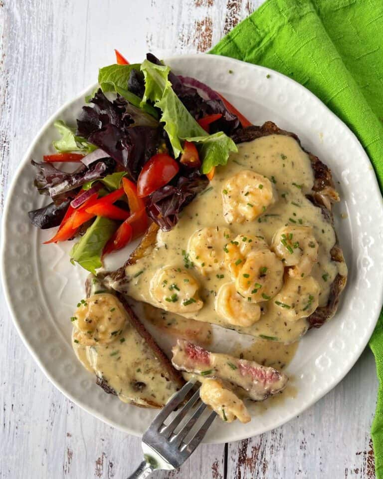 Steak with Creamy Garlic Prawns - VJ Cooks